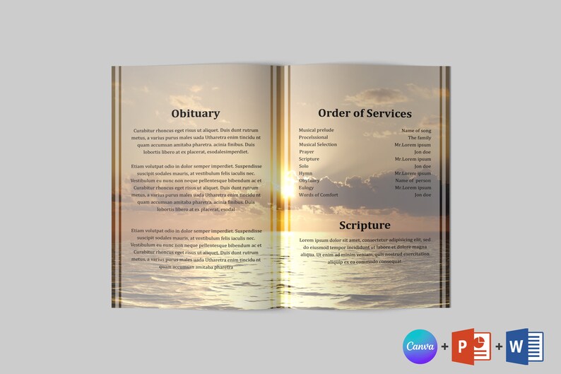 Sunset Funeral Program Template: Bifold Memorial (canva, Word ...