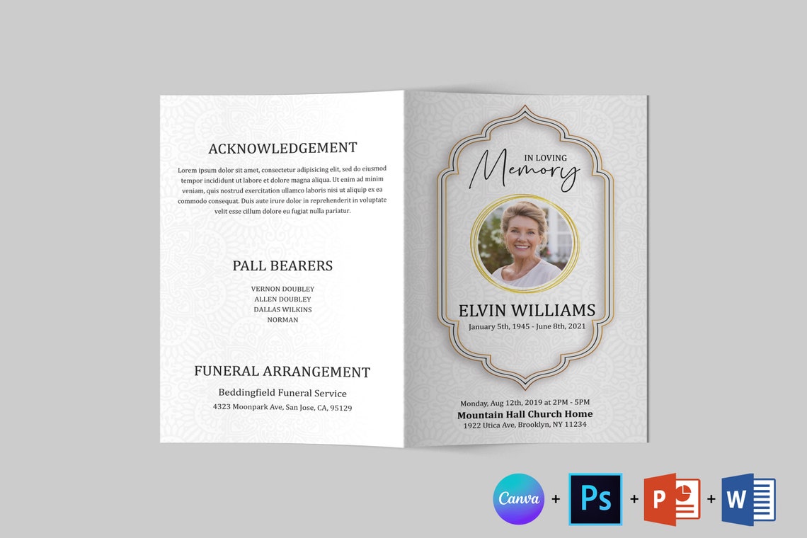 White Gold Funeral Program Template Funeral Program Template - Etsy