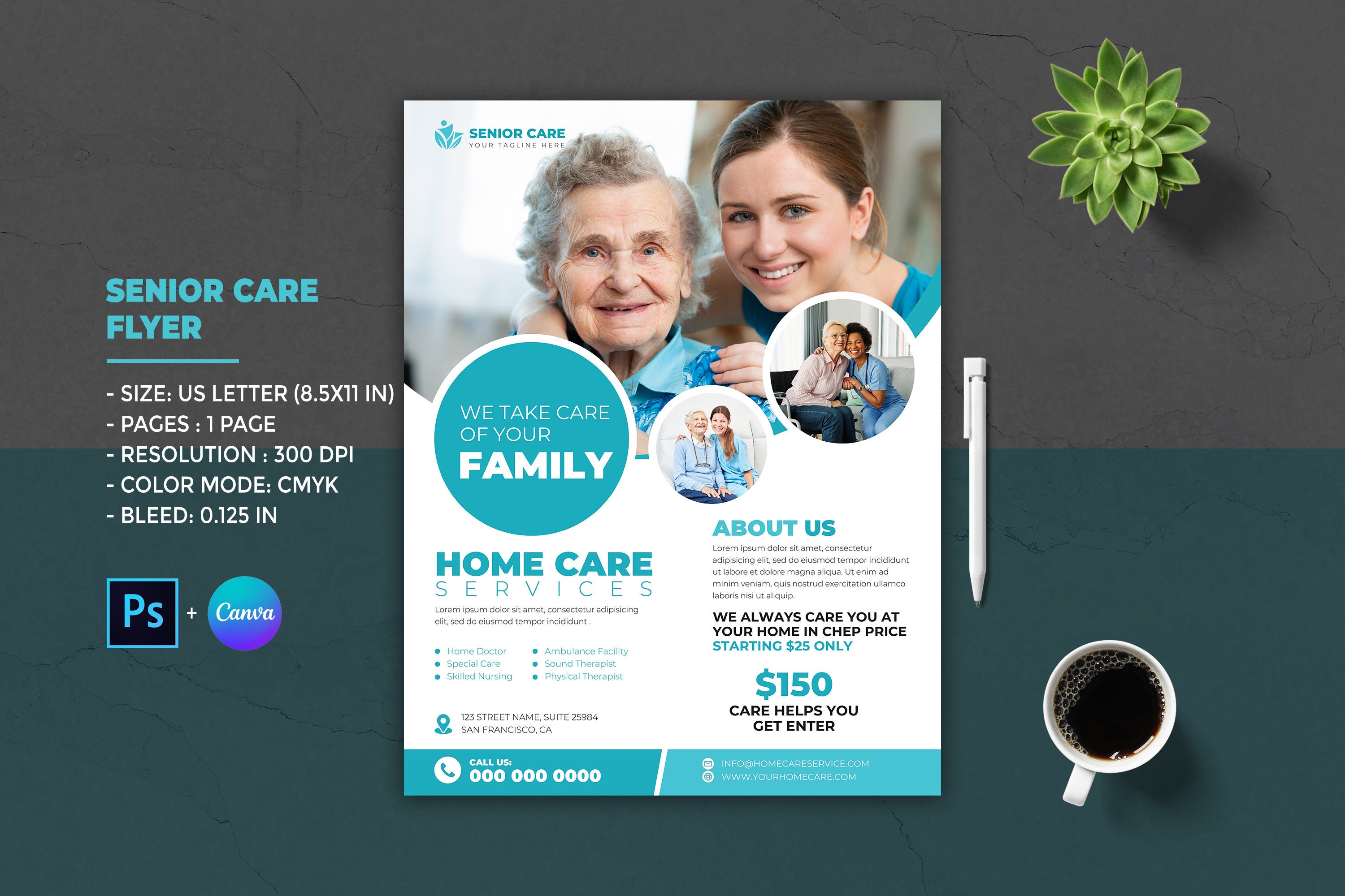 Senior Care Flyer Template: Home Health, Photoshop & Canva (8.5x11 IN ...