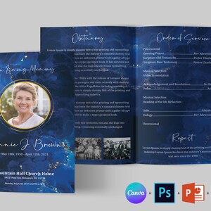 Blue Gold Funeral Program Template: Bifold Obituary (canva, Word ...