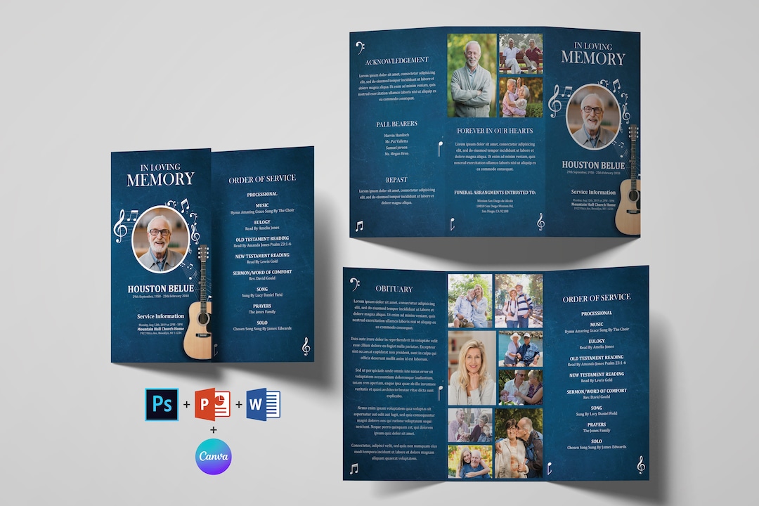 Guitar Music Funeral Program Template: Trifold Obituary (canva, Word ...