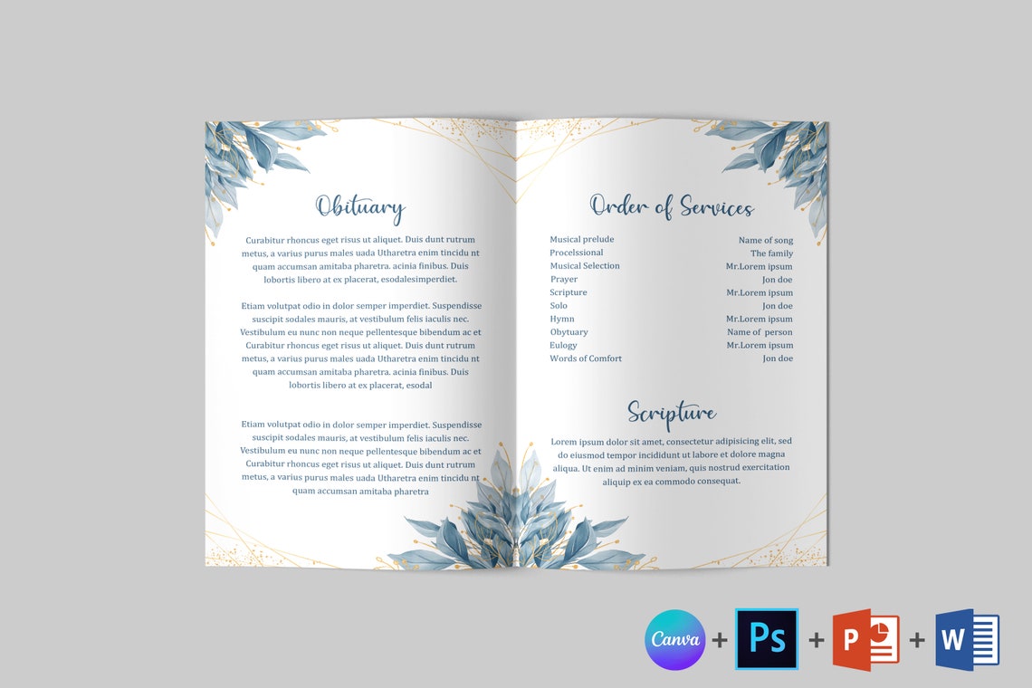 Floral Leaf Funeral Program Template: Bifold Obituary (canva, Word, PSD ...