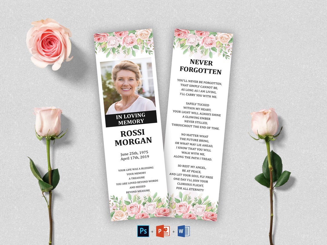 Pink Rose Funeral Bookmark Template: Memorial Remembrance (printable ...