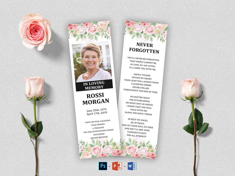 Pink Rose Funeral Bookmark Template Memorial Bookmark - Etsy
