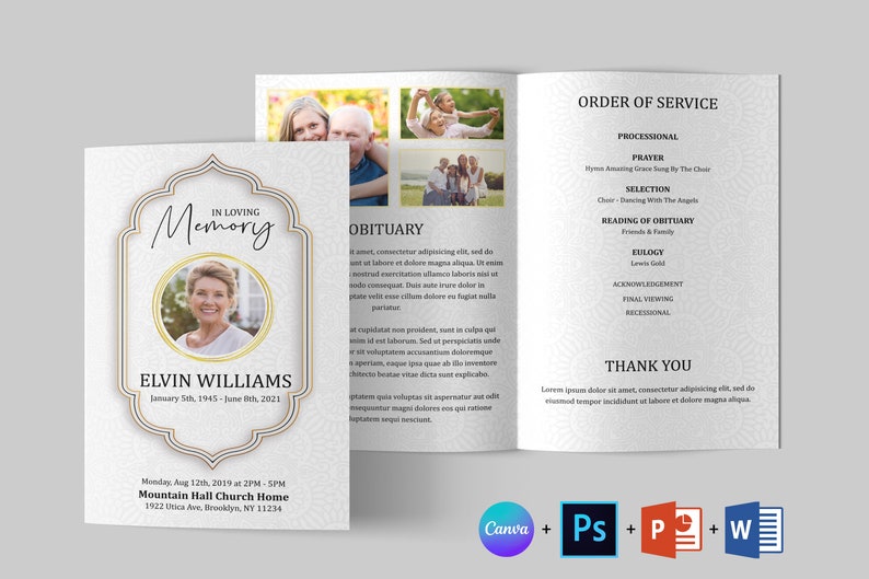 White Gold Funeral Program Template Funeral Program Template - Etsy