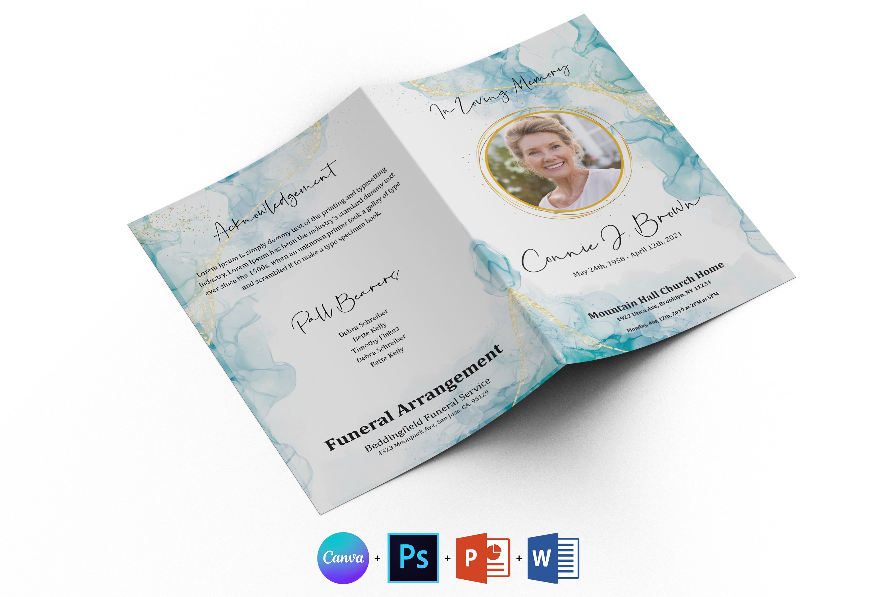 Turquoise Gold Funeral Program Template Funeral Program - Etsy