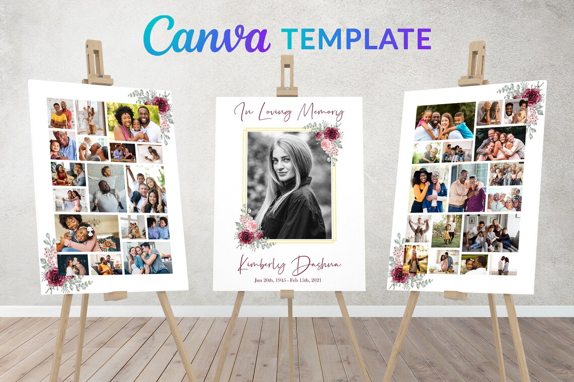 Floral Funeral Photo Collage Poster Template: Memorial Welcome Sign ...