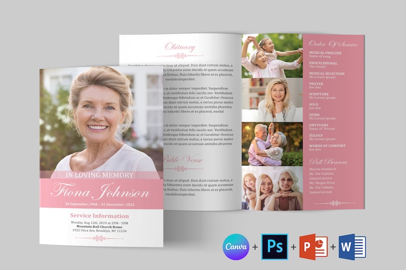 Pink Funeral Program Template Funeral Program Template Word - Etsy