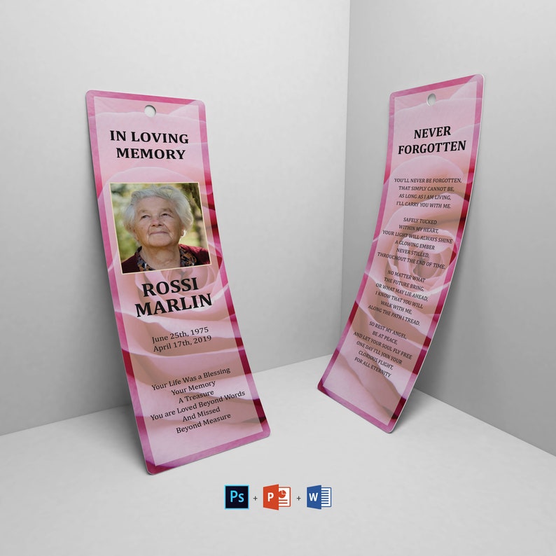 Pink Rose Floral Funeral Bookmark Memorial Bookmark | Etsy