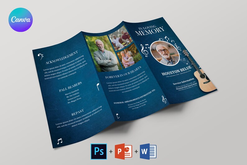 Guitar Music Funeral Program Template: Trifold Obituary (canva, Word ...