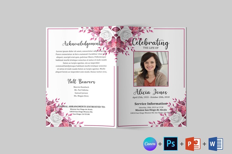 Rose Floral Funeral Program Template Funeral Program - Etsy