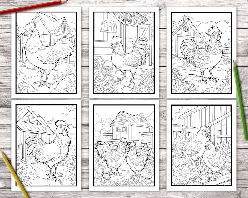50 Farm Chickens Coloring Book for Kids and Adults Cute Farm Chickens ...