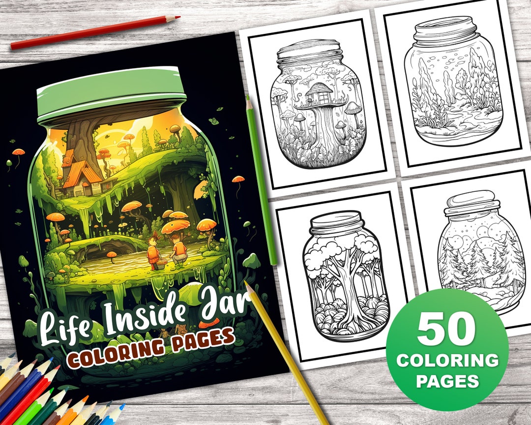 50 Life Inside Jar Coloring Book for Kids and Adults Cute Life Inside ...