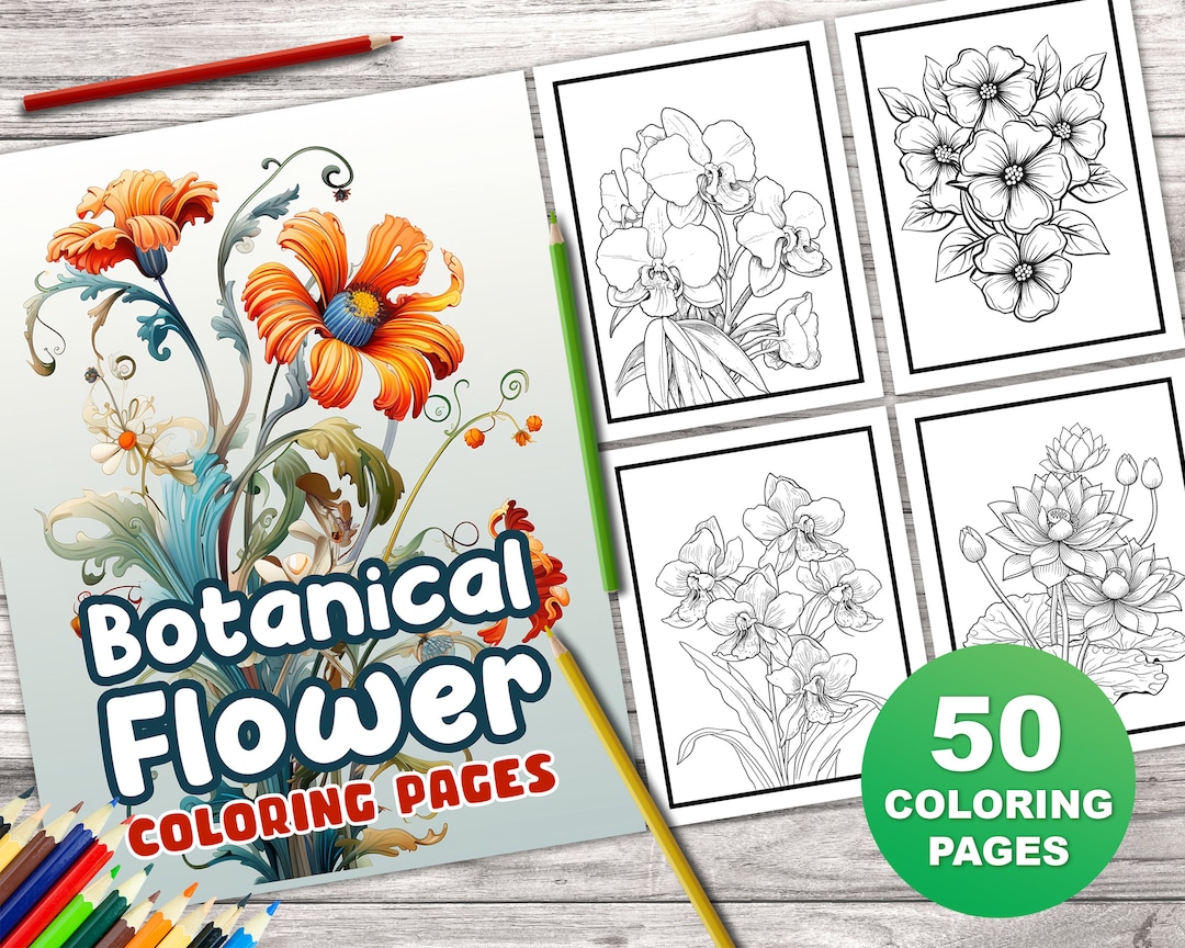 50 Botanical Flower Coloring Book for Kids and Adults Cute Flower ...