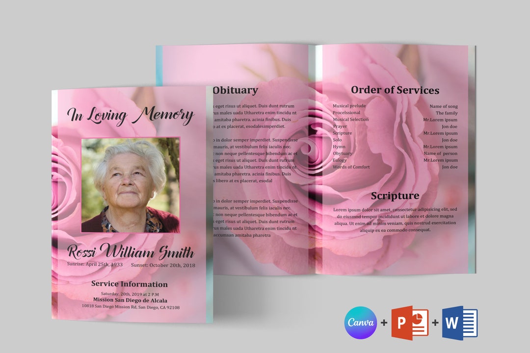Pink Rose Funeral Program Template: Bifold Memorial (canva, Word ...