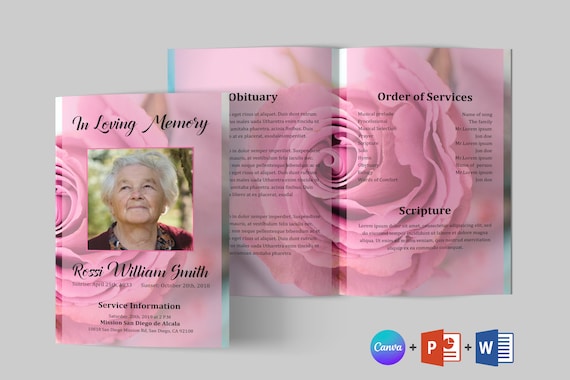 Pink Rose Funeral Program Template Funeral Program Template - Etsy