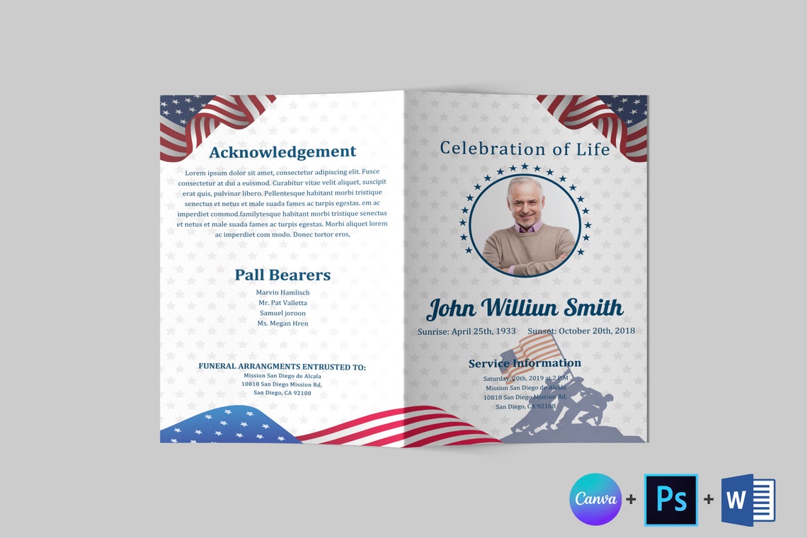 American Flag Military Veteran Funeral Program Template - Etsy