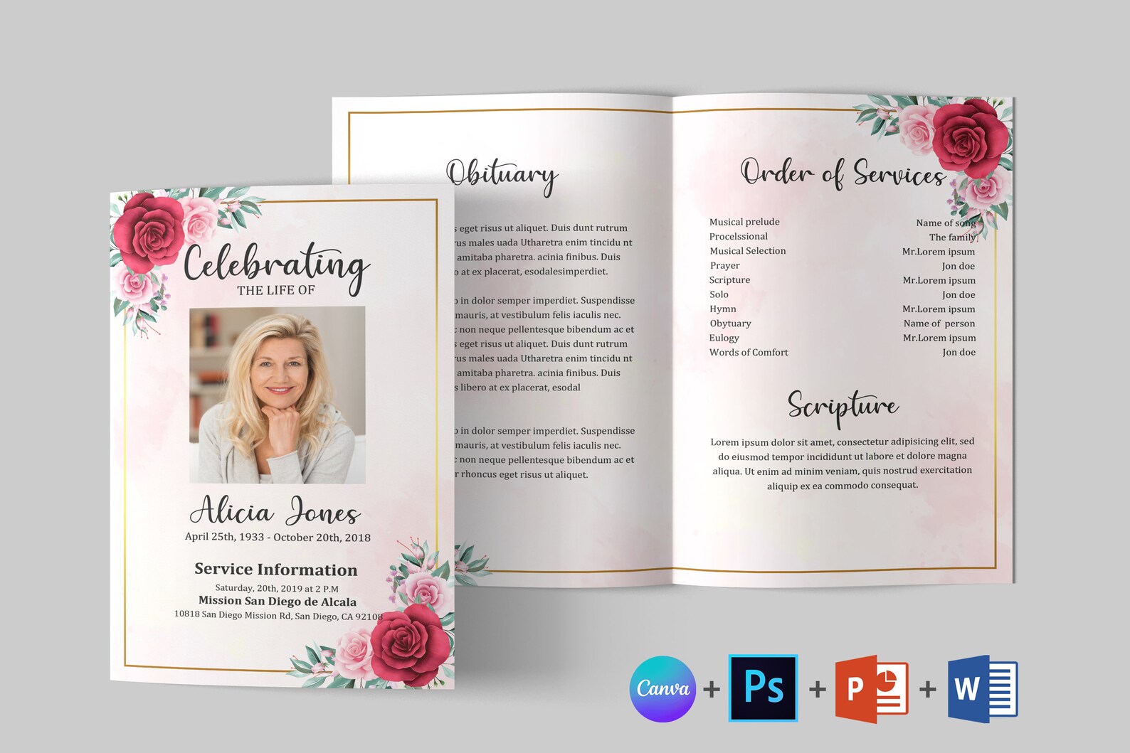 Rose Floral Funeral Program Template Funeral Program - Etsy