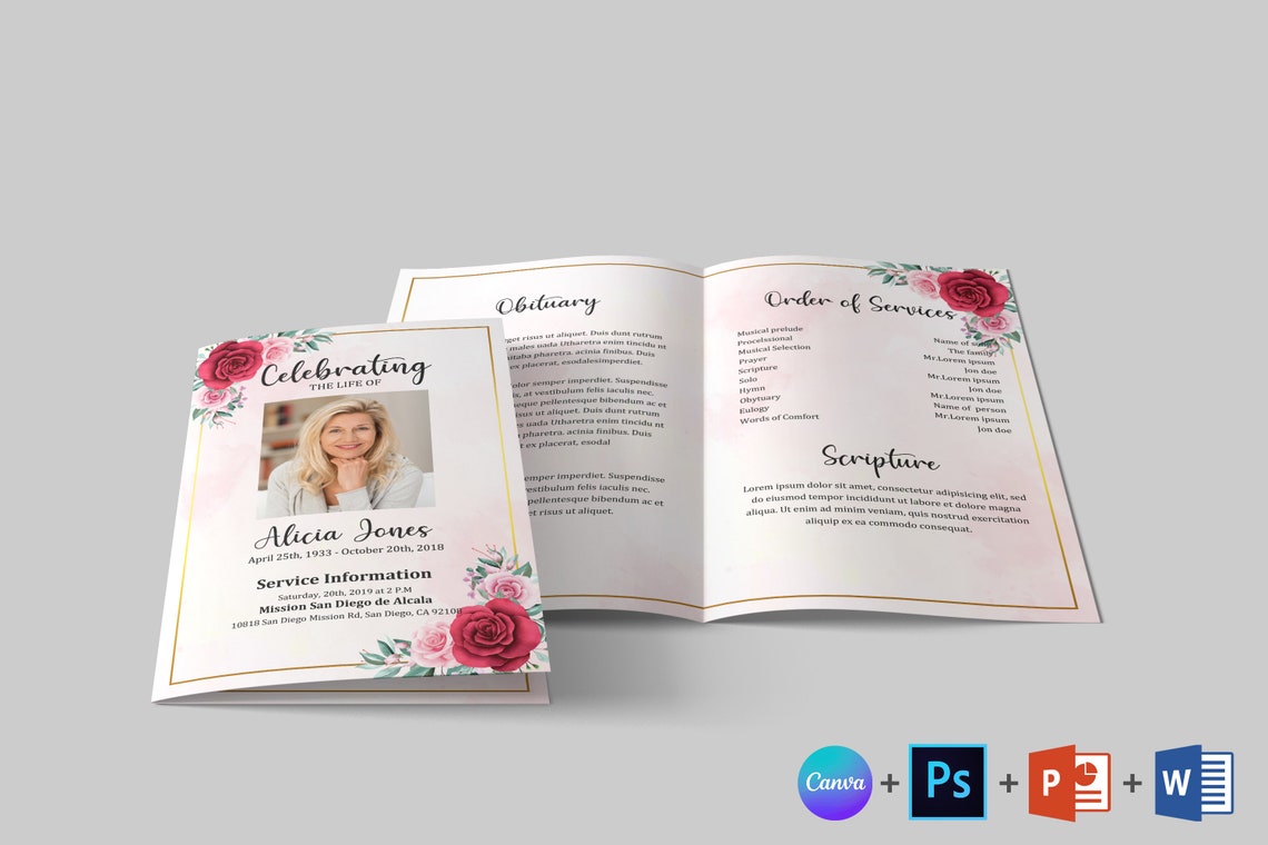 Rose Floral Funeral Program Template Funeral Program - Etsy
