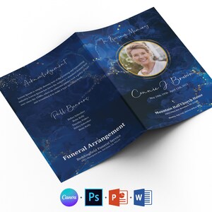 Blue Gold Funeral Program Template: Bifold Obituary (canva, Word ...