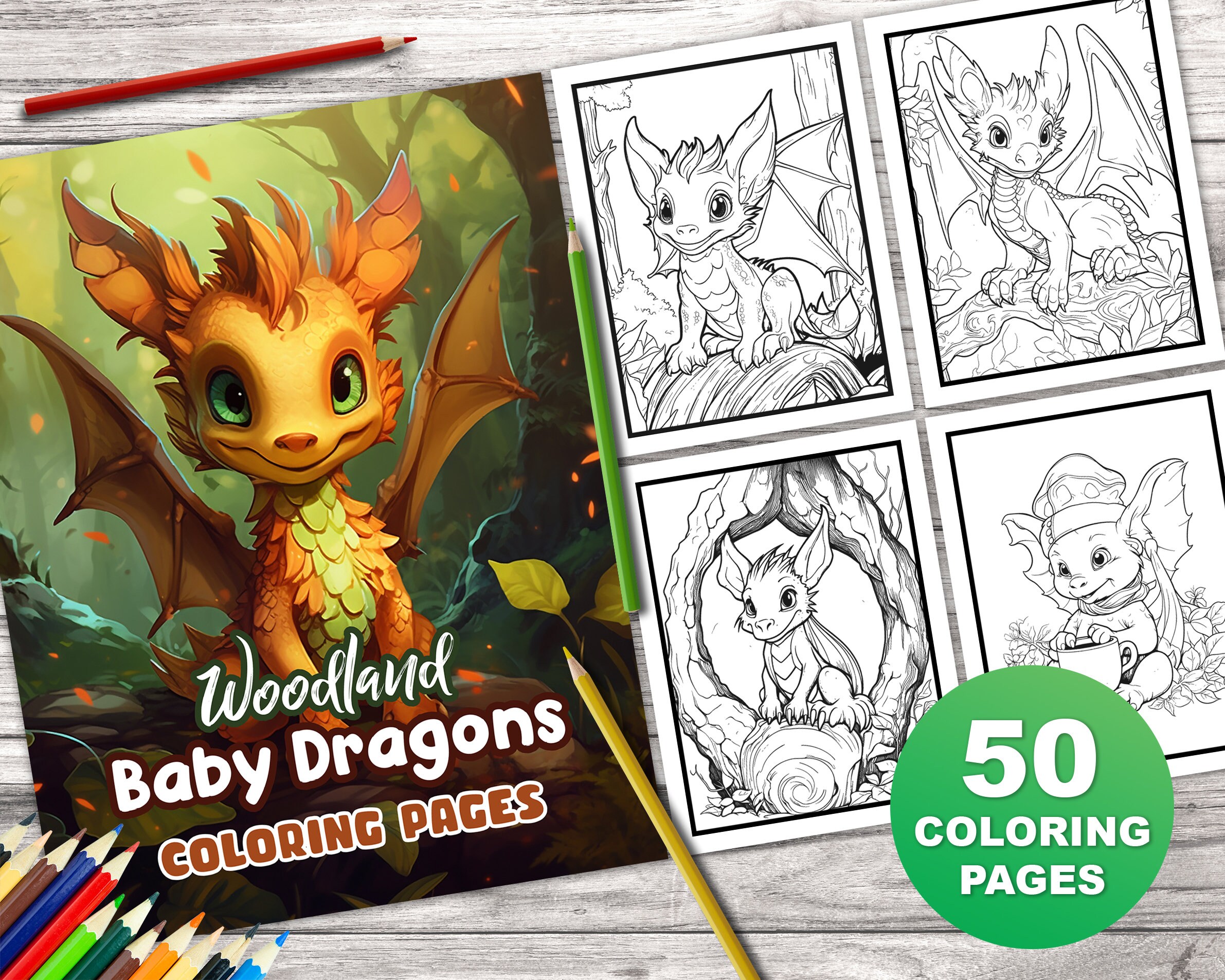 50 Woodland Baby Dragon Fantasy Coloring Book for Kids and Adults Cute ...