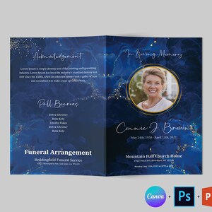 Blue Gold Funeral Program Template: Bifold Obituary (canva, Word ...