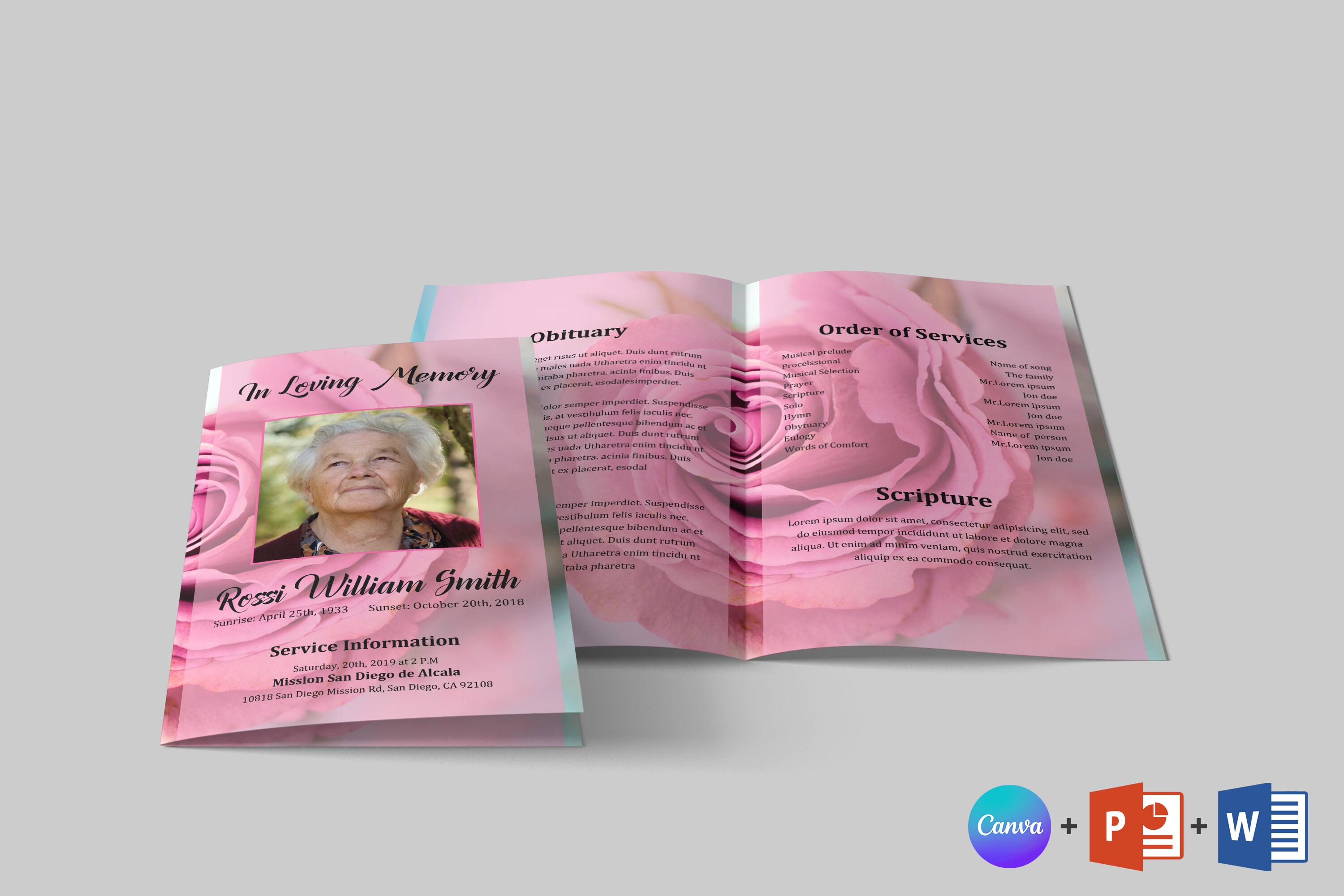 Pink Rose Funeral Program Template: Bifold Memorial (canva, Word ...
