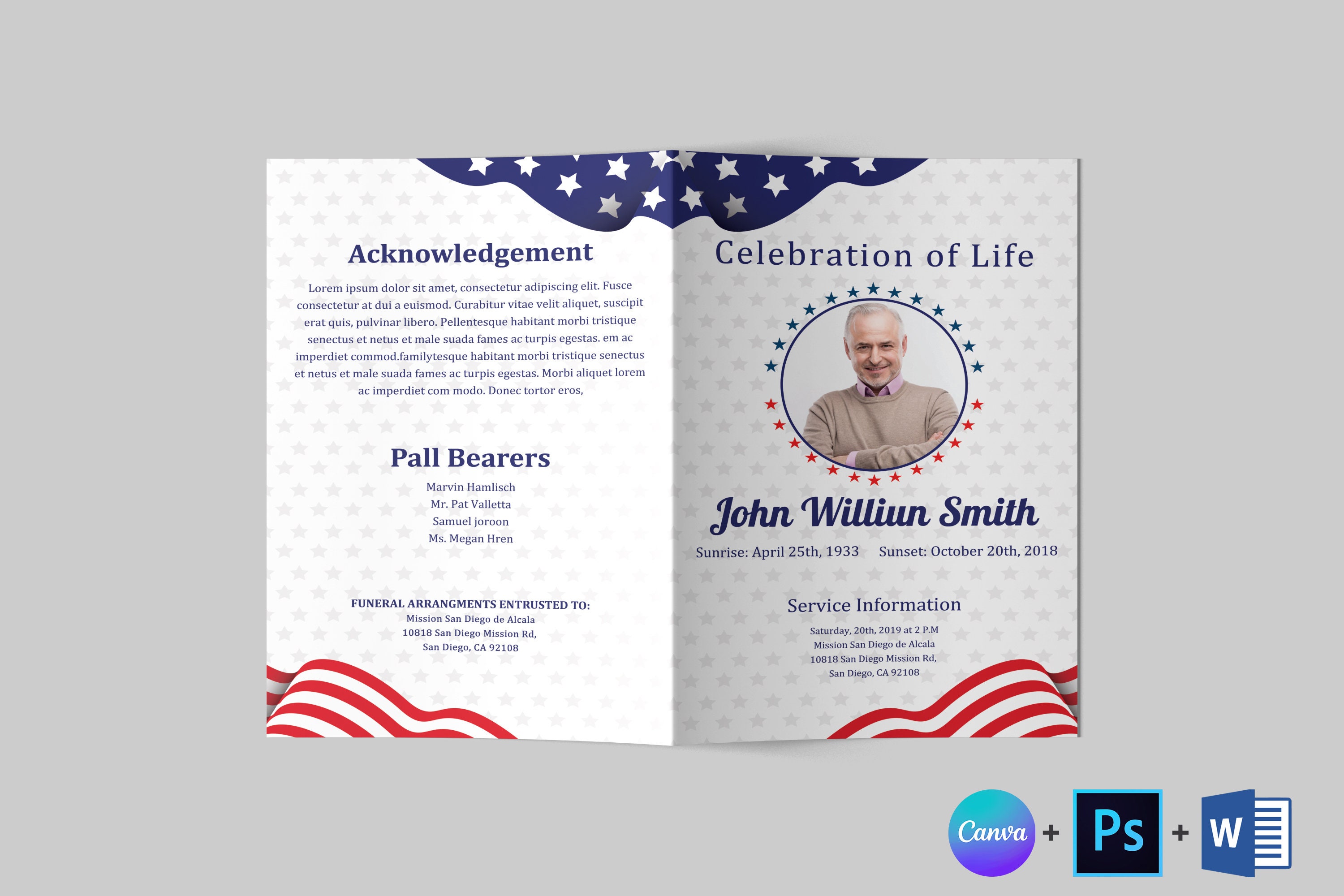 American Flag Military Veteran Funeral Program Template Funeral Program ...