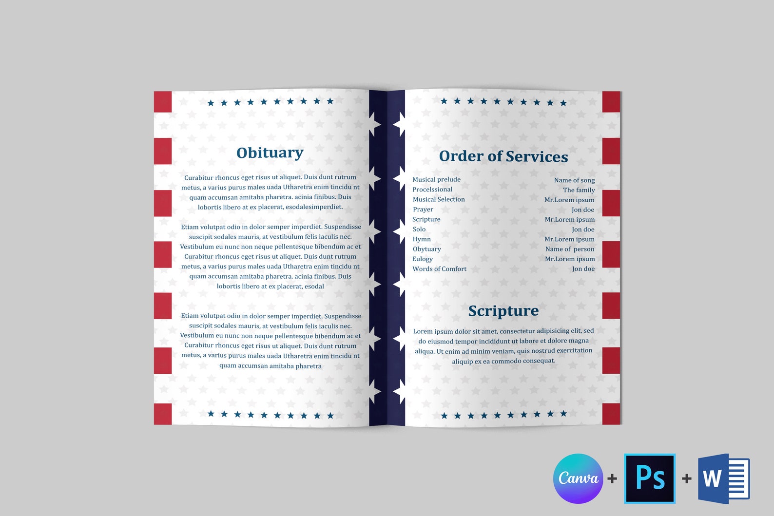 American Flag Military Veteran Funeral Program Template - Etsy