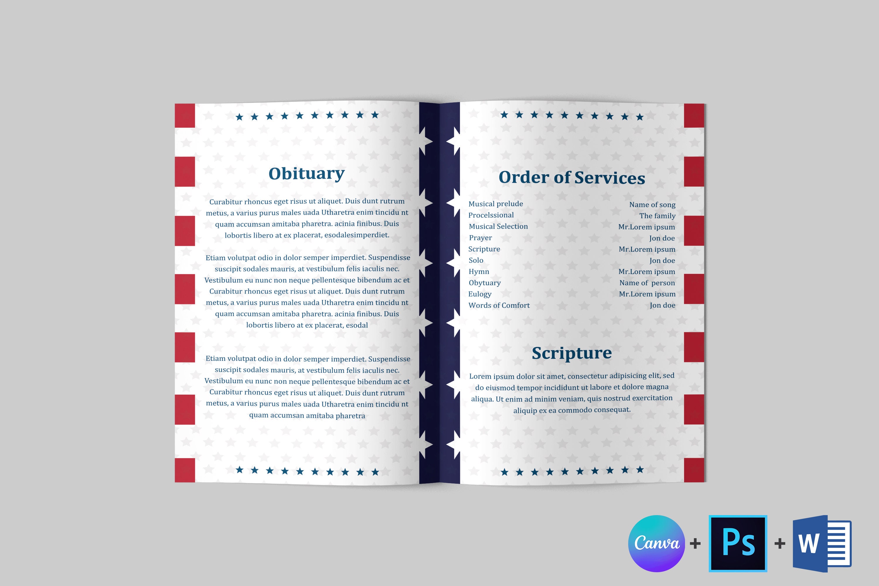 American Flag Military Veteran Funeral Program Template - Etsy