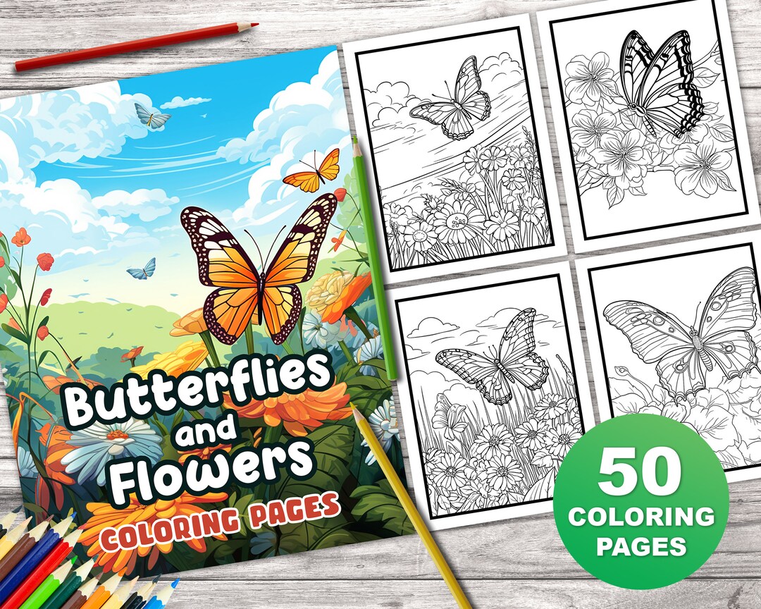 50 Butterflies and Flowers Coloring Book for Kids and Adults Butterfly ...