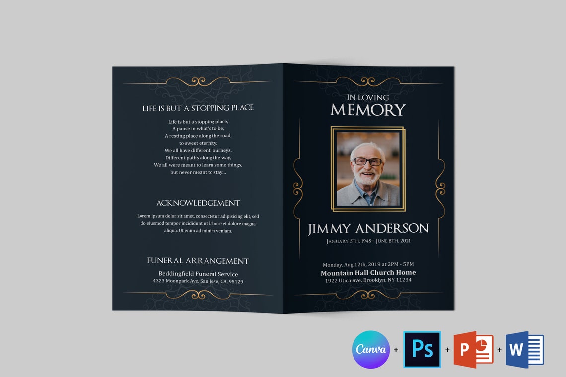 Blue Gold Funeral Program Template Funeral Program Template - Etsy