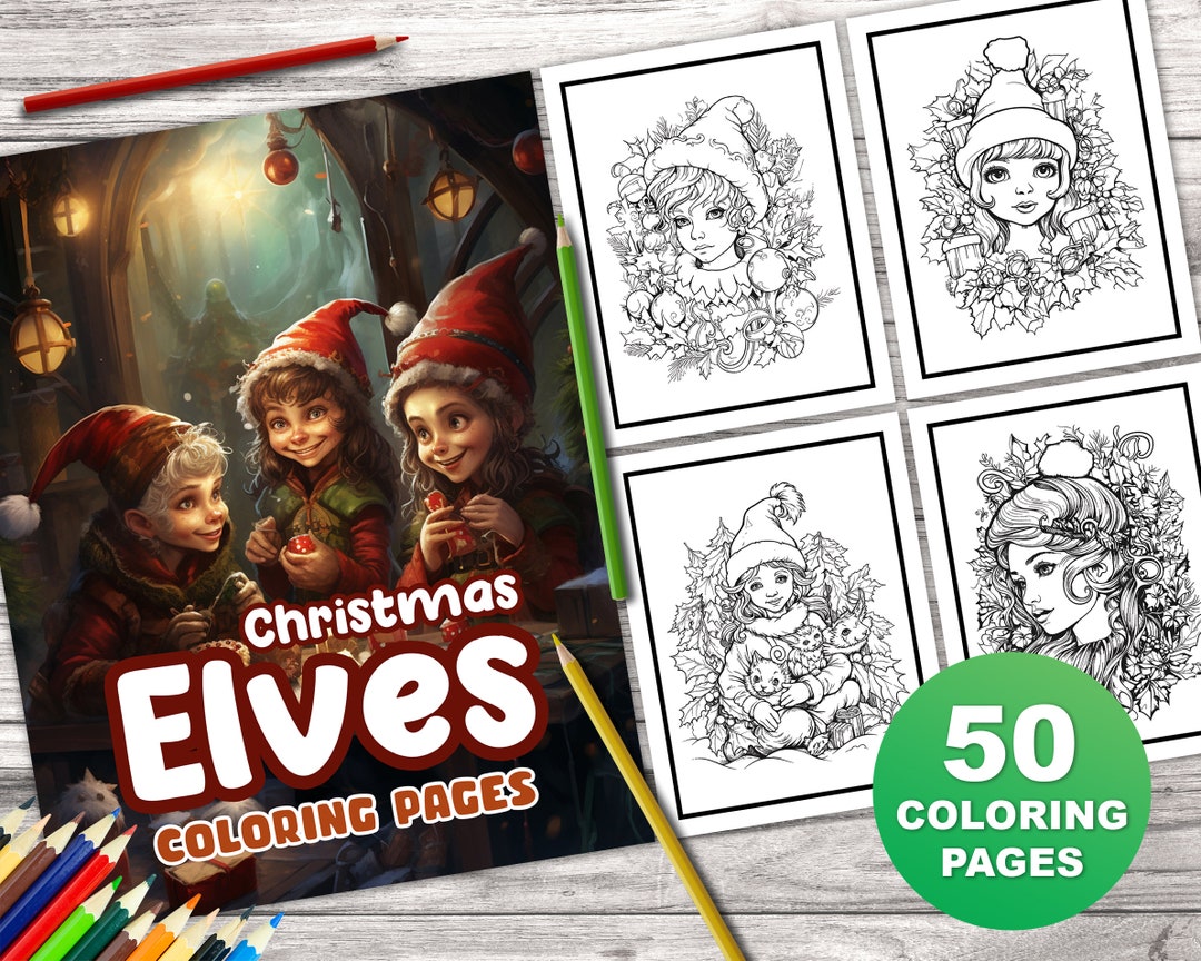 50 Christmas Elves With Floral Coloring Book for Kids and Adults ...