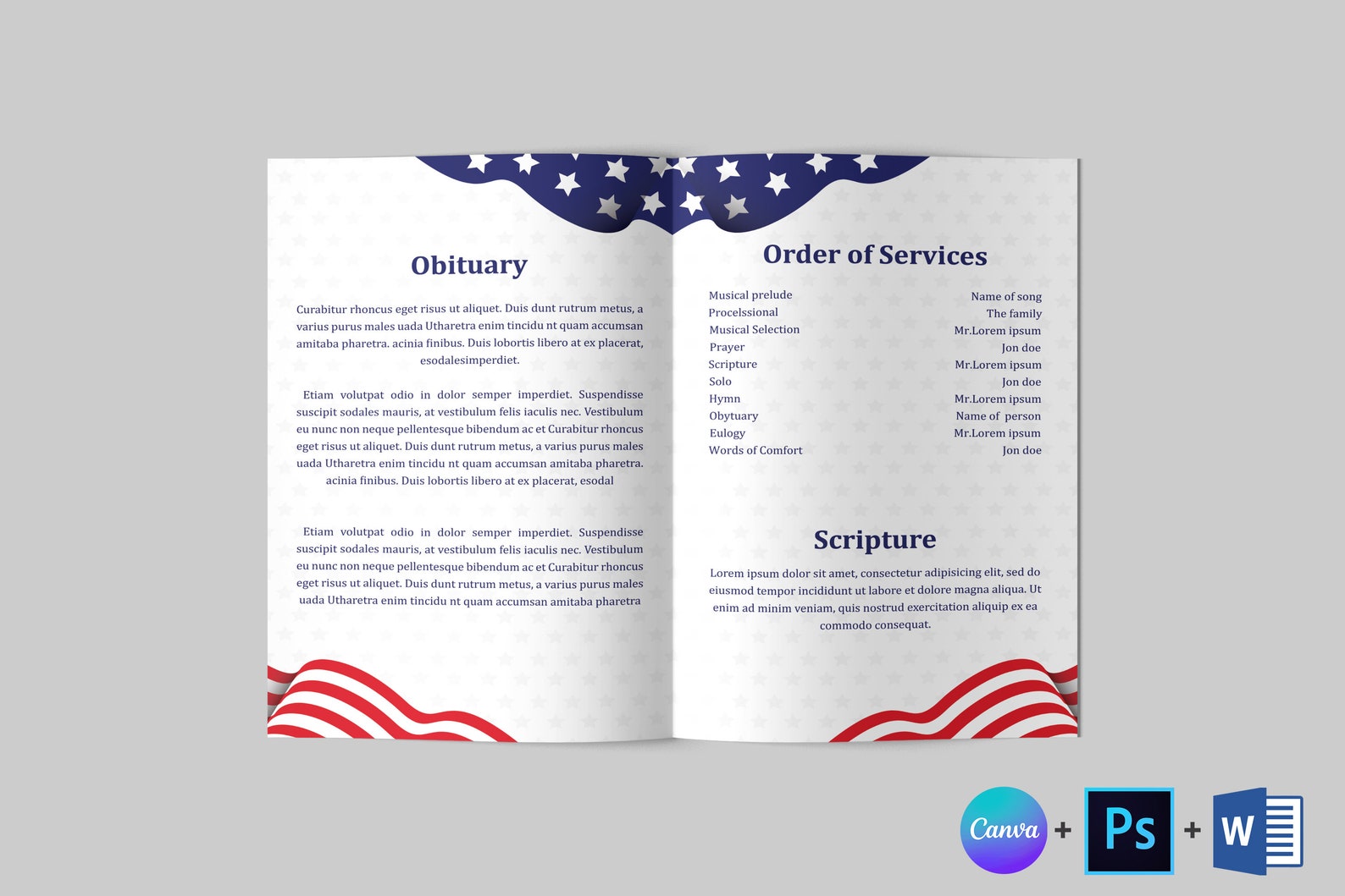American Flag Military Veteran Funeral Program Template Funeral Program ...