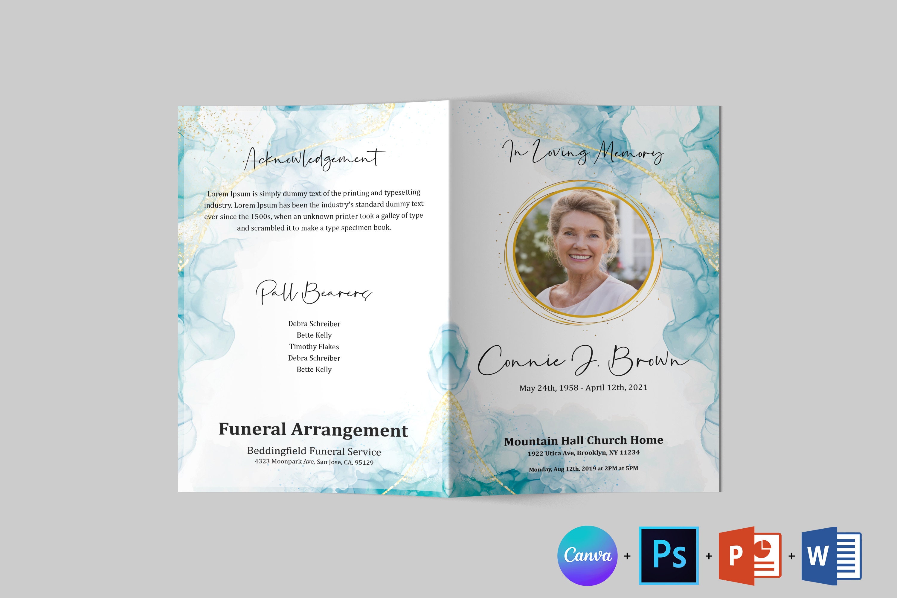 Turquoise Gold Funeral Program Template: Bifold Memorial (canva, Word ...
