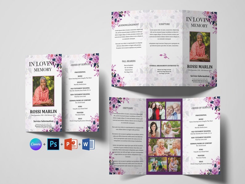 Purple Rose Funeral Program Template: Trifold Memorial (canva, Word ...