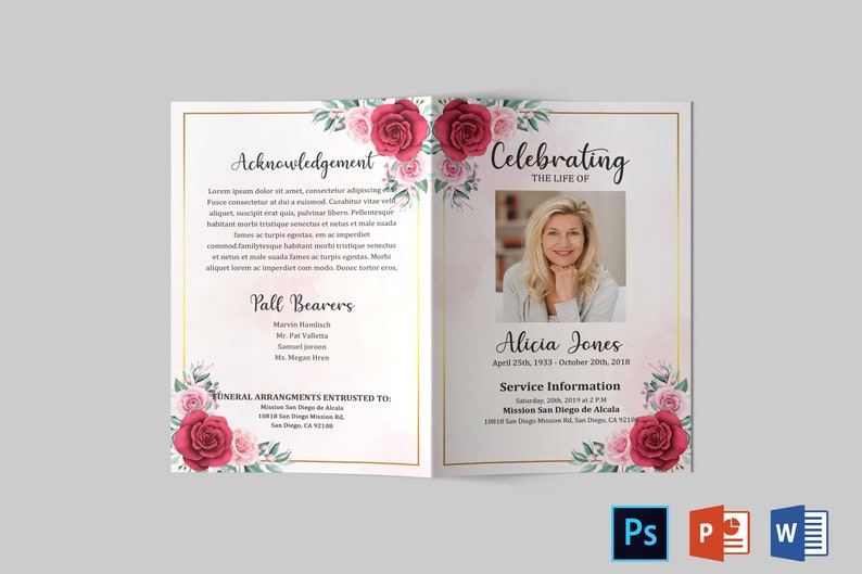 Rose Floral Funeral Program Template Funeral Program | Etsy