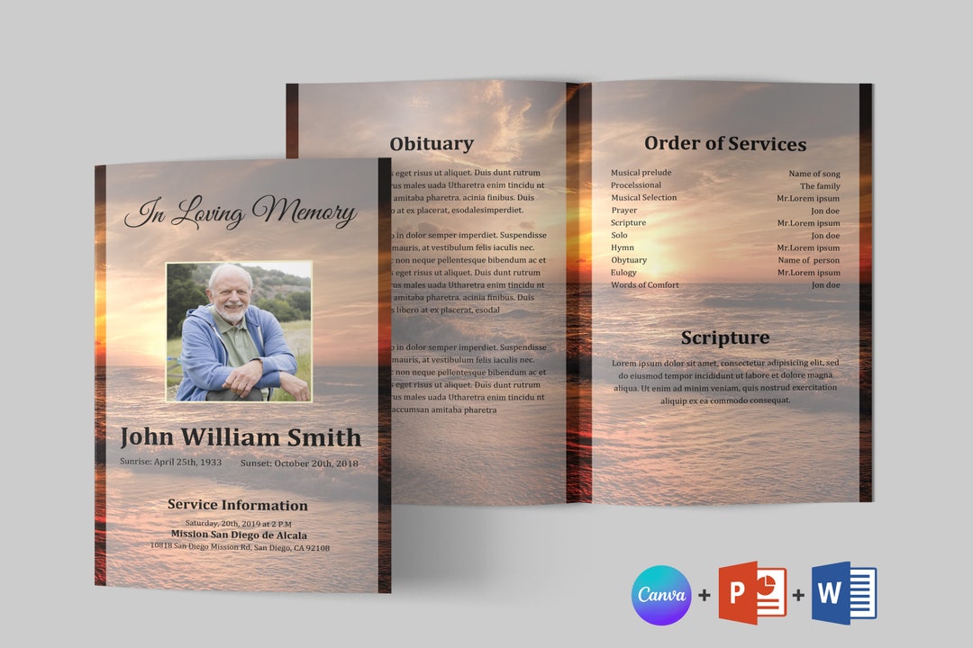 Sunset Funeral Program Template: Bifold Memorial (canva, Word ...