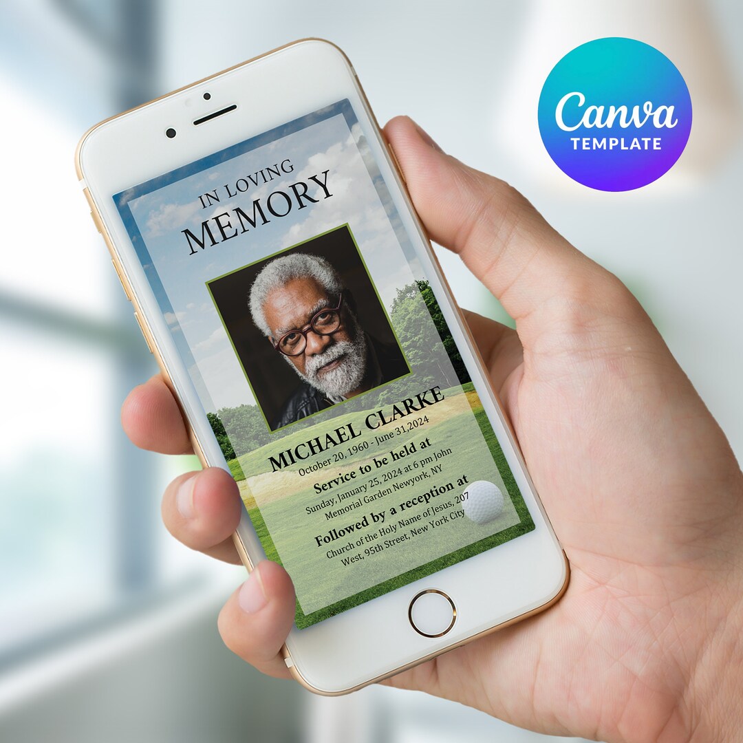 Golfer Funeral Announcement: Electronic Memorial Invitation (canva ...