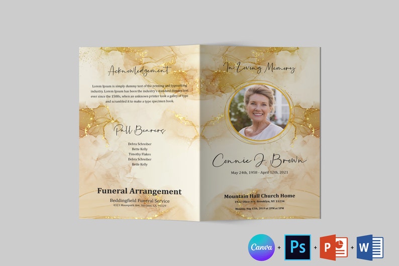 Golden Funeral Program Template: Bifold Obituary (canva, Word, PSD) - Etsy