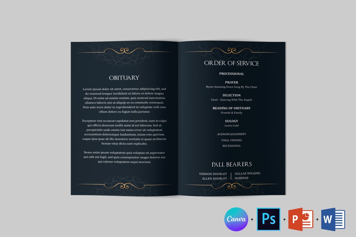 Blue Gold Funeral Program Template Funeral Program Template - Etsy