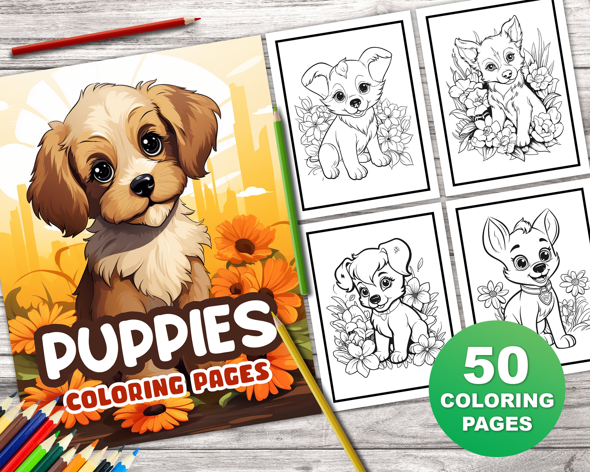 50 Puppies Coloring Book for Kids and Adults Cute Dog Puppies Coloring ...