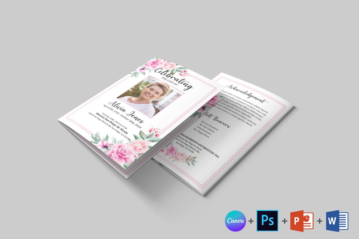 Rose Floral Funeral Program Template Funeral Program - Etsy