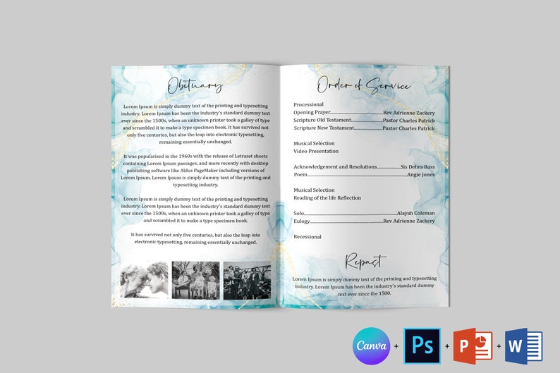 Turquoise Gold Funeral Program Template: Bifold Memorial (canva, Word ...