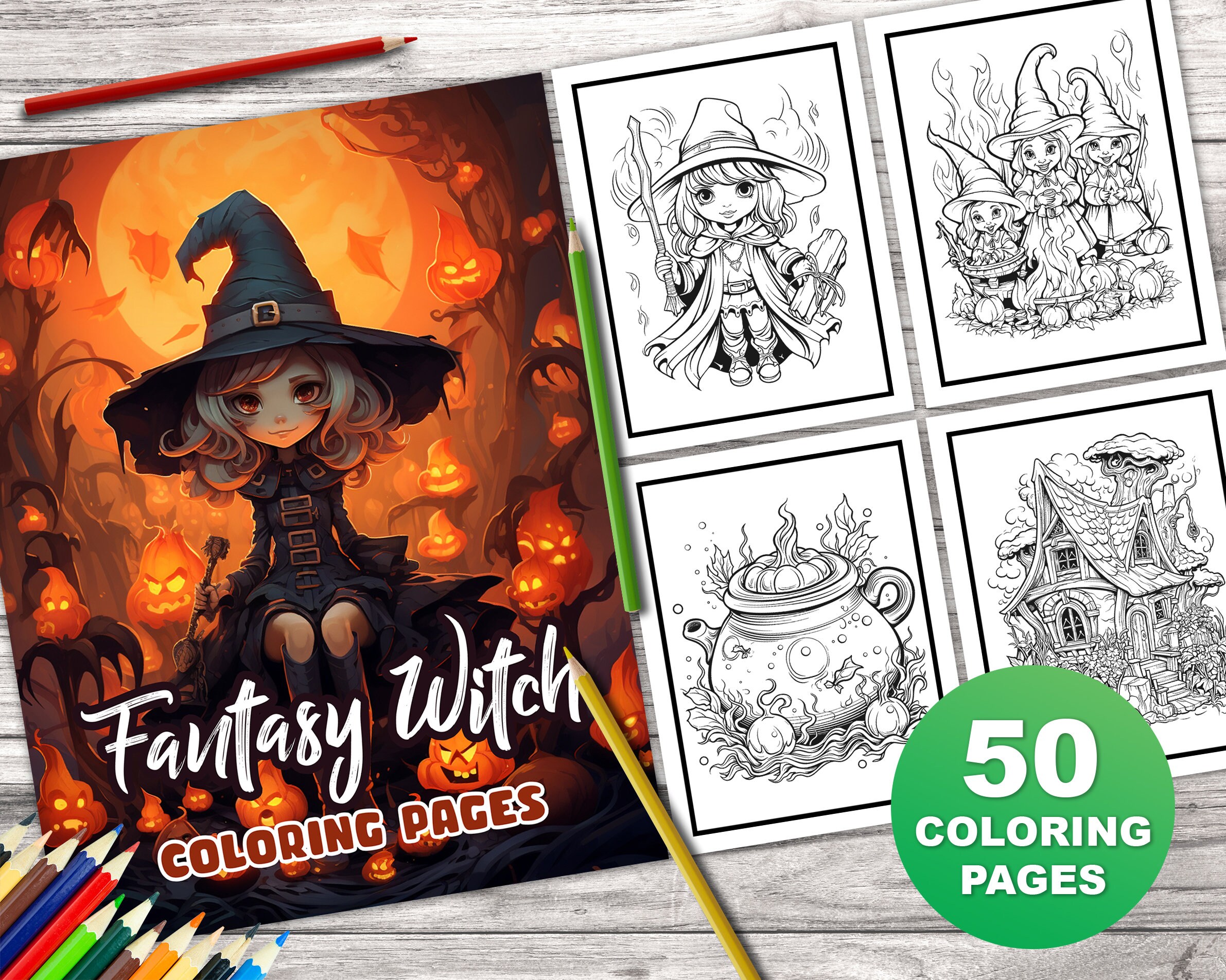 50 Fantasy Witch Coloring Book for Kids and Adults Cute Halloween ...
