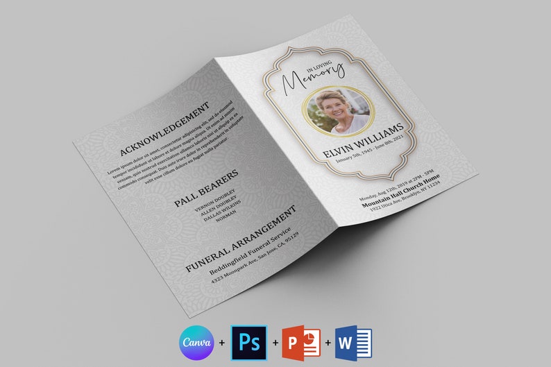 White Gold Funeral Program Template Funeral Program Template - Etsy