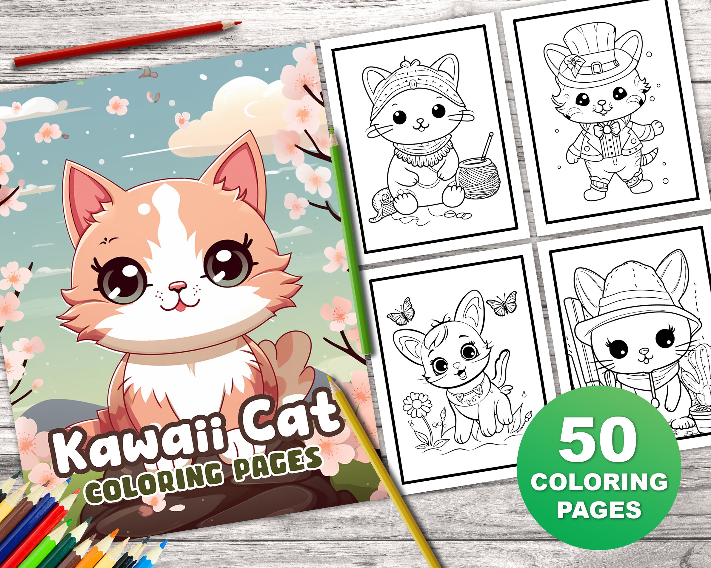 50 Cute Kawaii Cat Coloring Book for Kids and Adults Cats Coloring Book ...