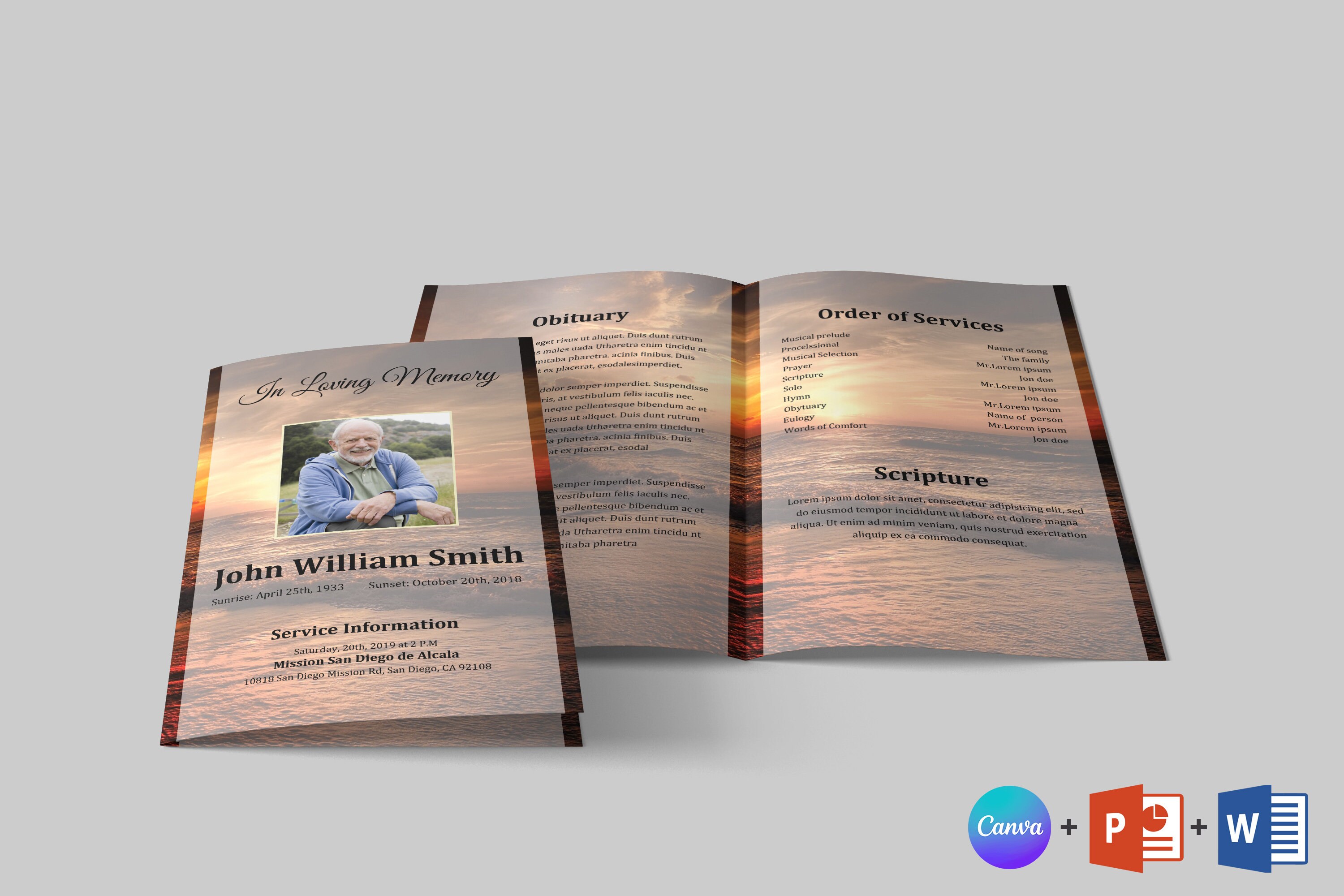 Sunset Funeral Program Template: Bifold Memorial (canva, Word ...