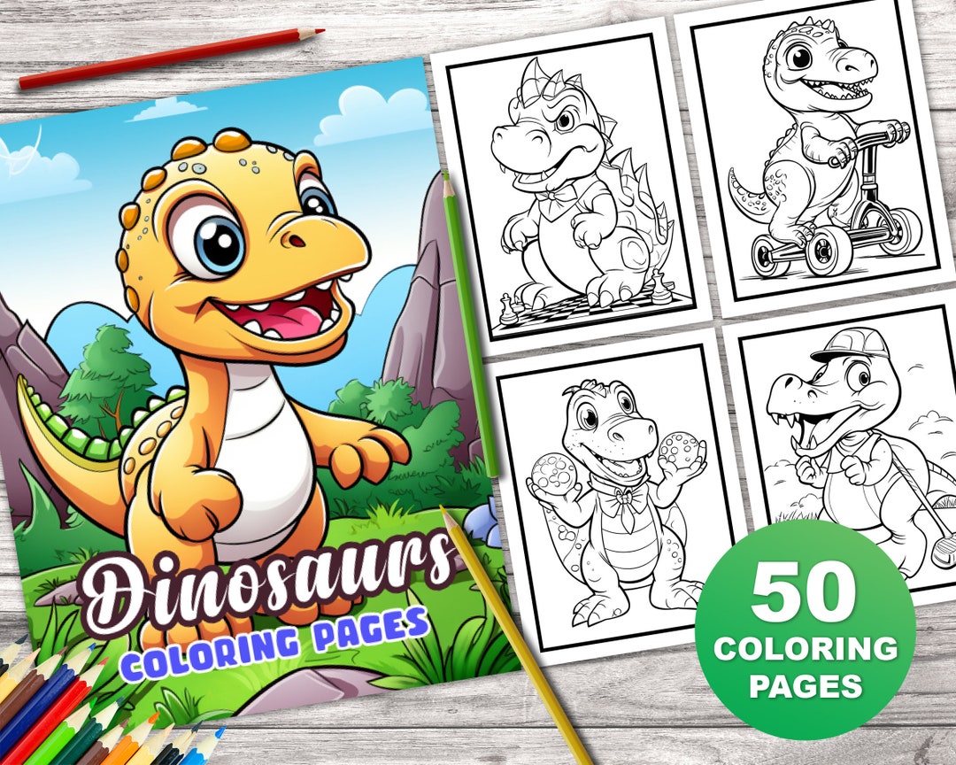 50 Cute Dinosaur Coloring Book for Kids and Adults Dinosaur Coloring ...