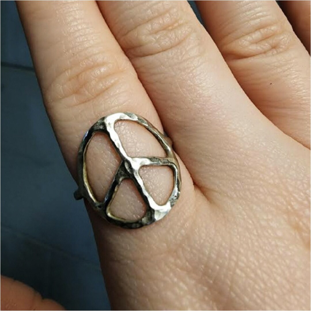 Sterling Silver Peace Sign With Hammered Texture Ring Are Handmade by ...